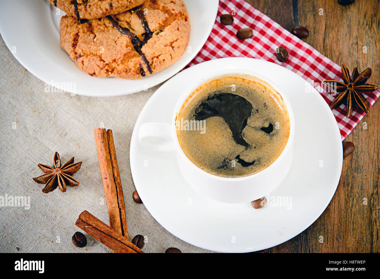 Coffee with Bakery on Woody Retro Background Stock Photo - Alamy