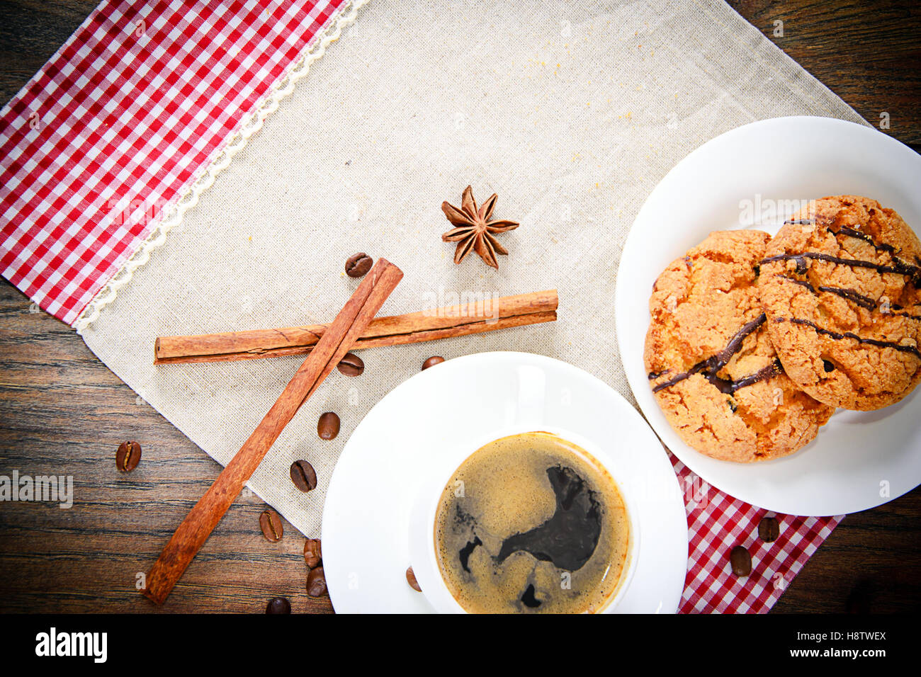 Coffee with Bakery on Woody Retro Background Stock Photo - Alamy