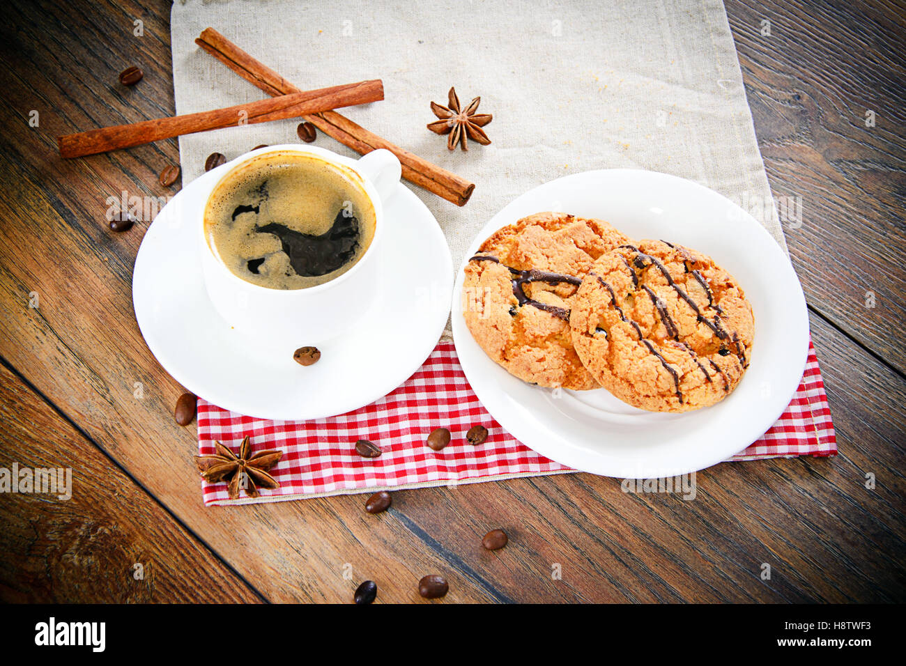 Coffee with Bakery on Woody Retro Background Stock Photo - Alamy