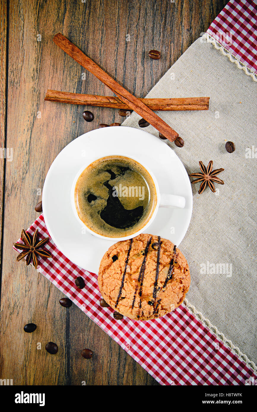 Coffee with Bakery on Woody Retro Background Stock Photo - Alamy