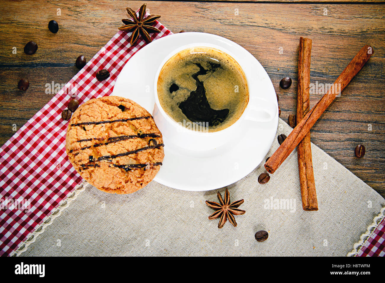 Coffee with Bakery on Woody Retro Background Stock Photo - Alamy