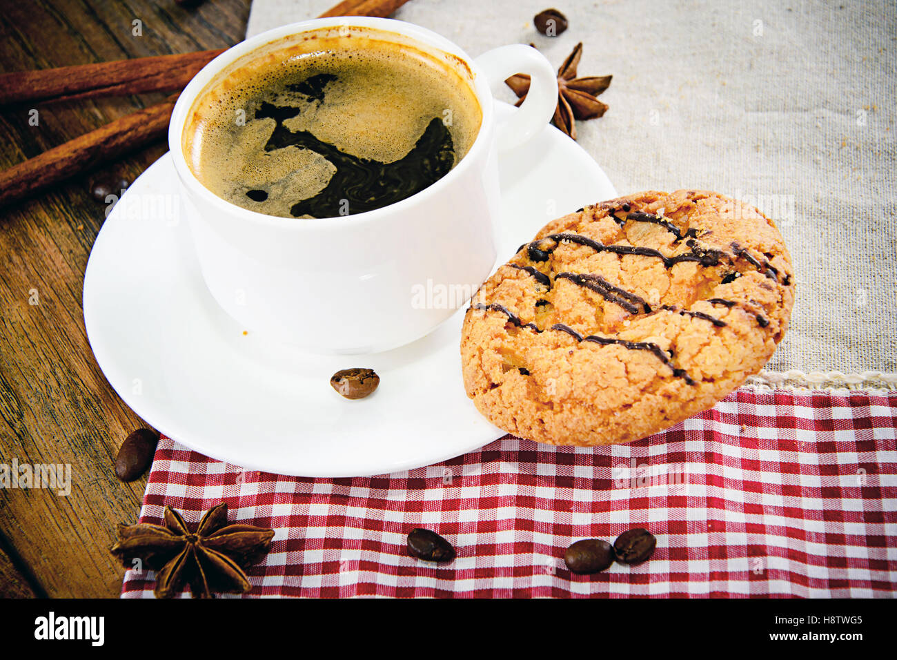 Coffee with Bakery on Woody Retro Background Stock Photo - Alamy