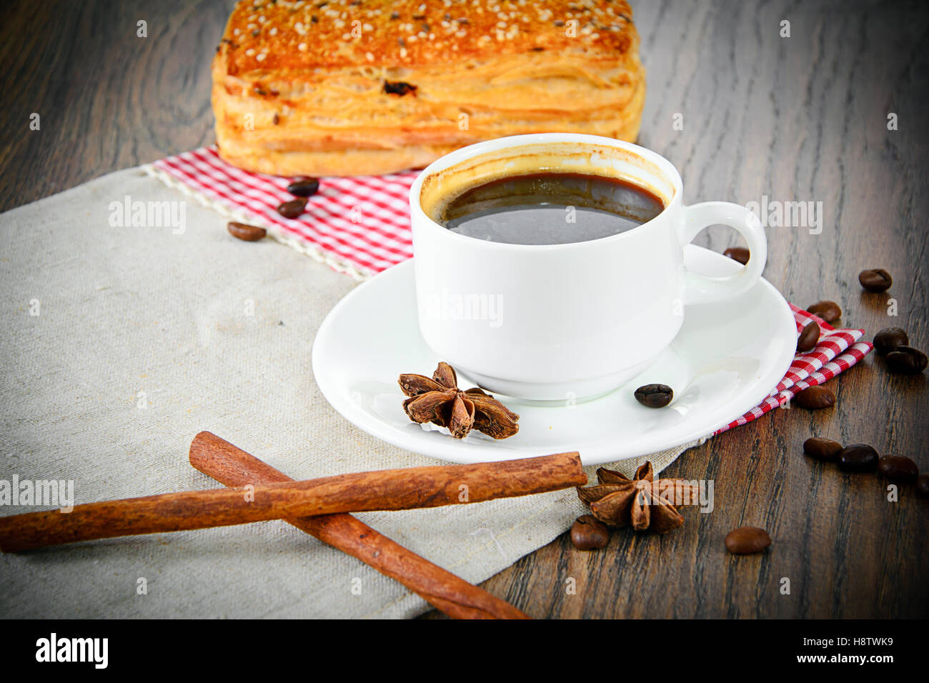 Cup of Coffee on Woody Background Stock Photo - Alamy