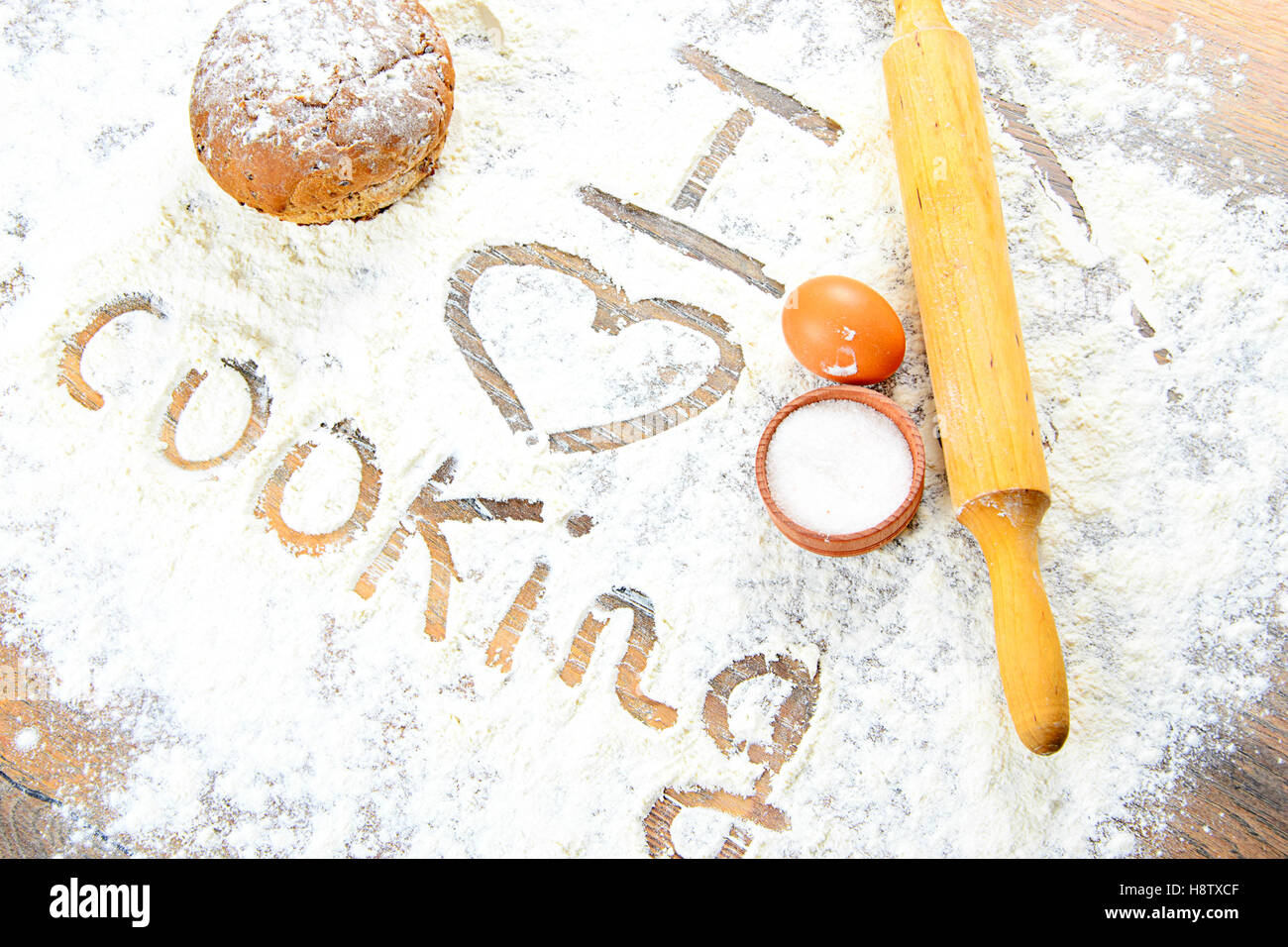I Love Cooking Sign on Flour Stock Photo - Alamy