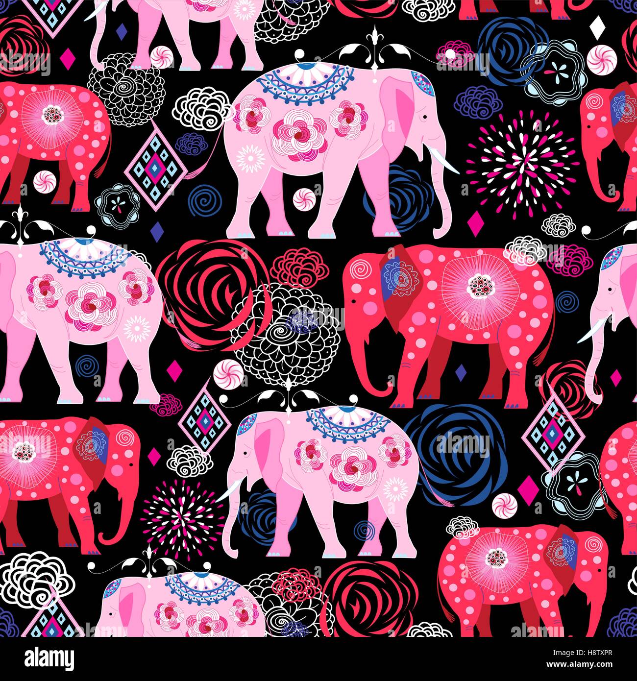 Seamless bright pattern of beautiful elephants on a dark background ...