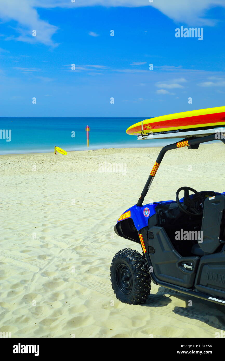 Surf lifesaving lifeguard equipment at the ready on the sand at Kings ...