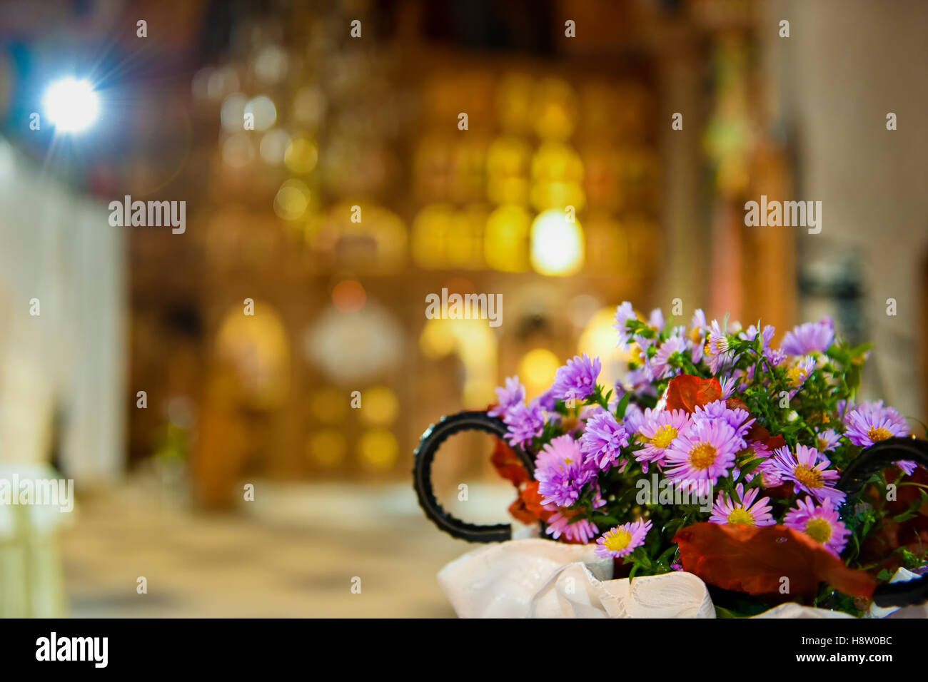 Floral arrangement in the church in natural light Stock Photo - Alamy