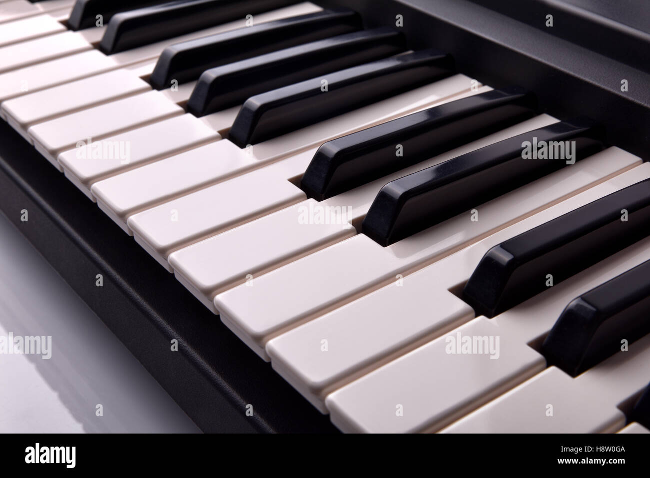 Close-up of electronic piano keyboard diagonally. Horizontal ...