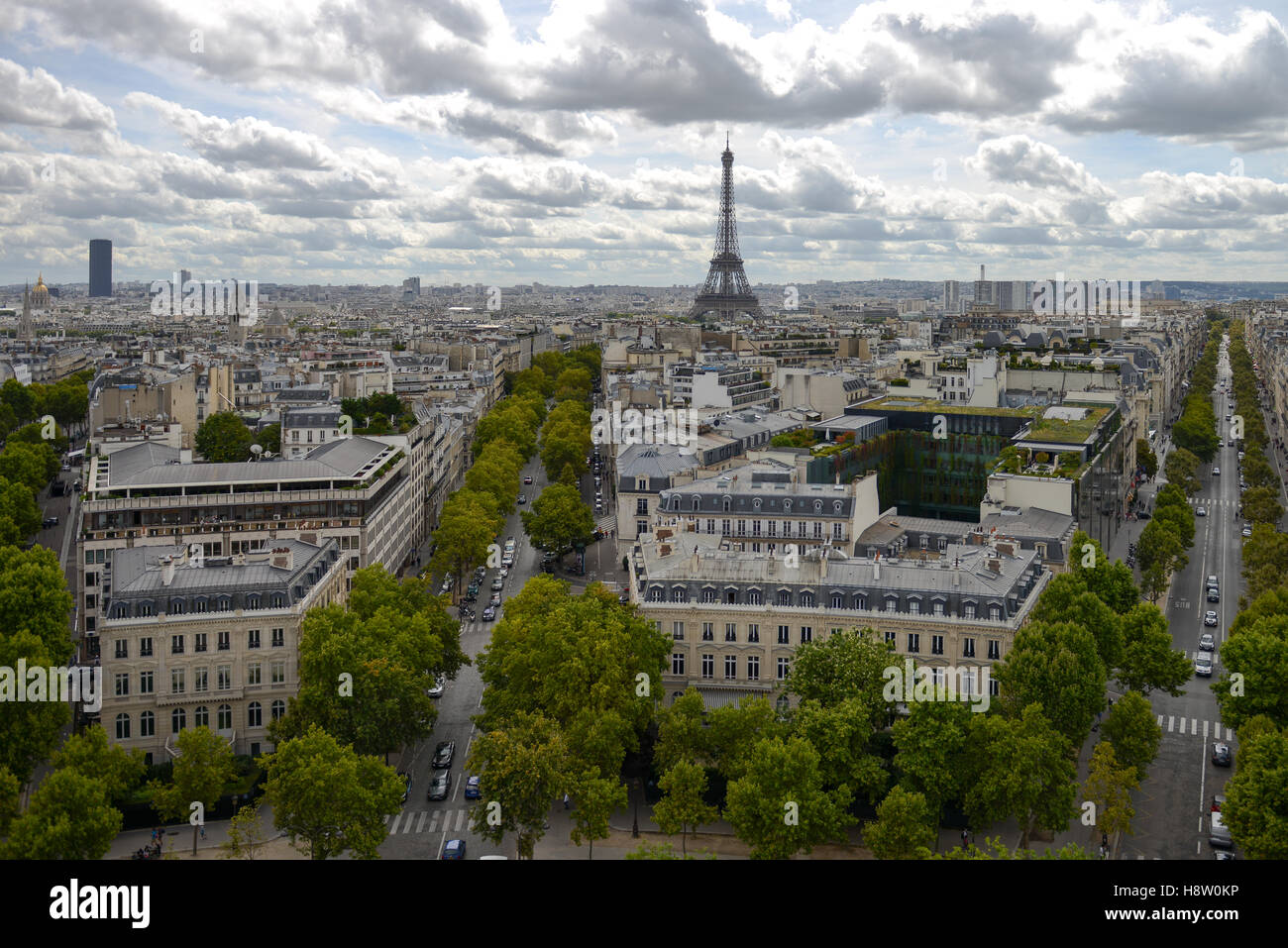 Aerial view of Paris with the Eiffel tower from the arc de triomphe ...