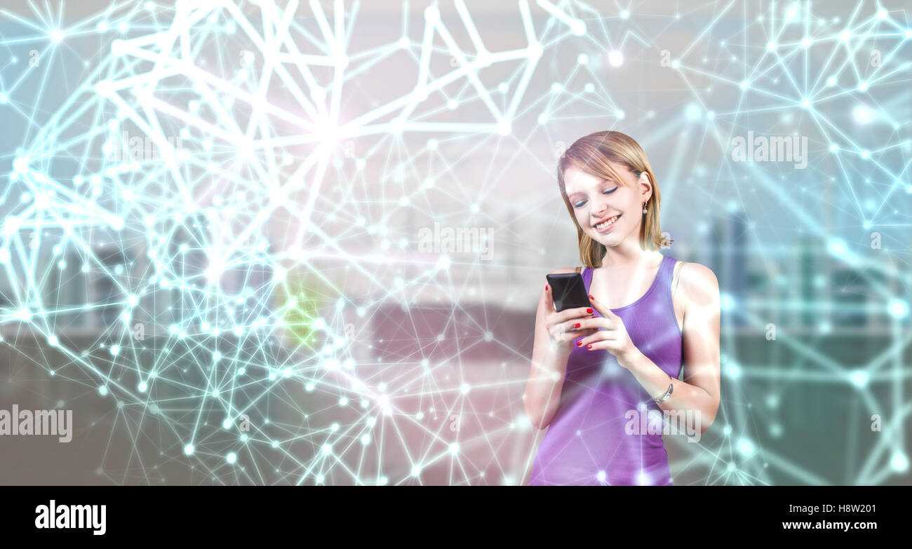 Young woman in digital lights and lines Stock Photo - Alamy