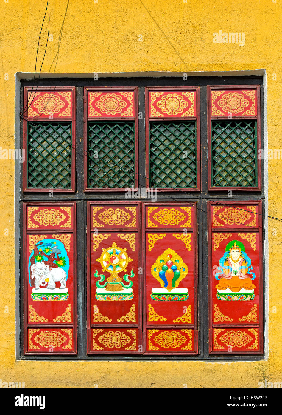 Traditional Buddhist motifs on wall, Gandan Monastery, Ulaanbaatar ...