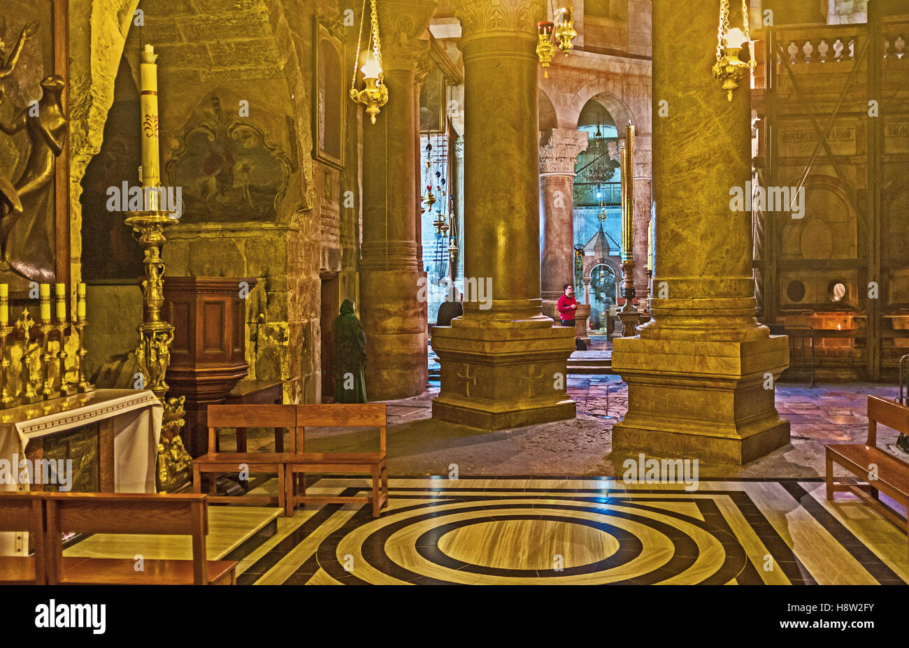 The view on the huge columns of Rotunda of Anastasis from the Altar of ...