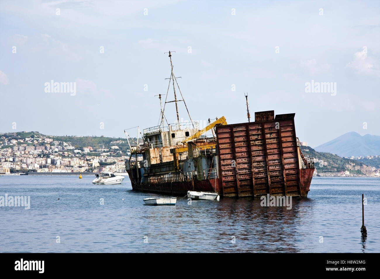 Sunken cargo ship in the port of Bacoli, Pozzuoli, Naples, Italy ...
