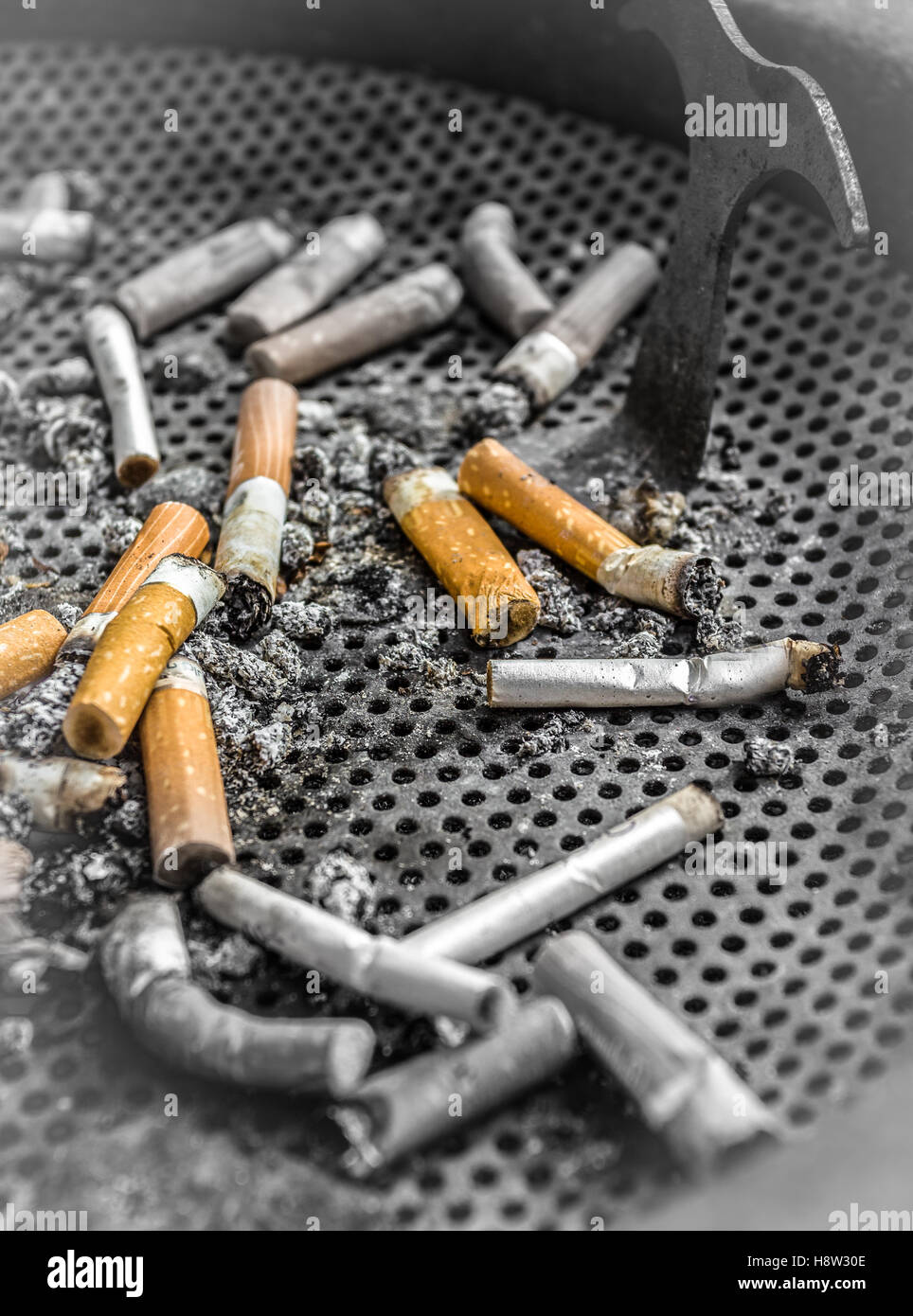 Smoked cigarettes butts in a dirty ashtray. Unhealthy life concept ...