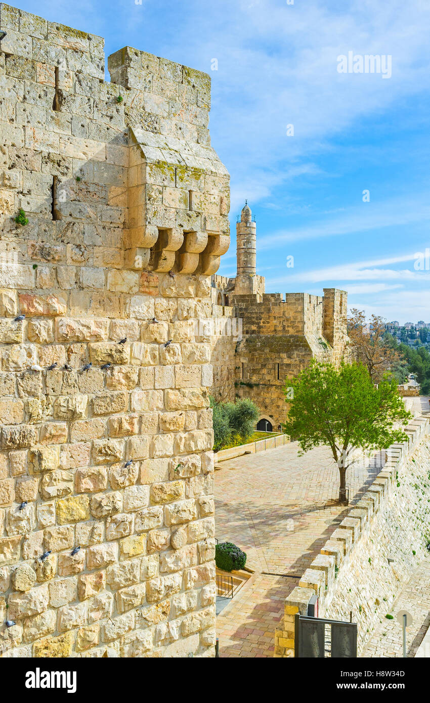 The ramparts of the David's fortress and the old stone minaret on the ...