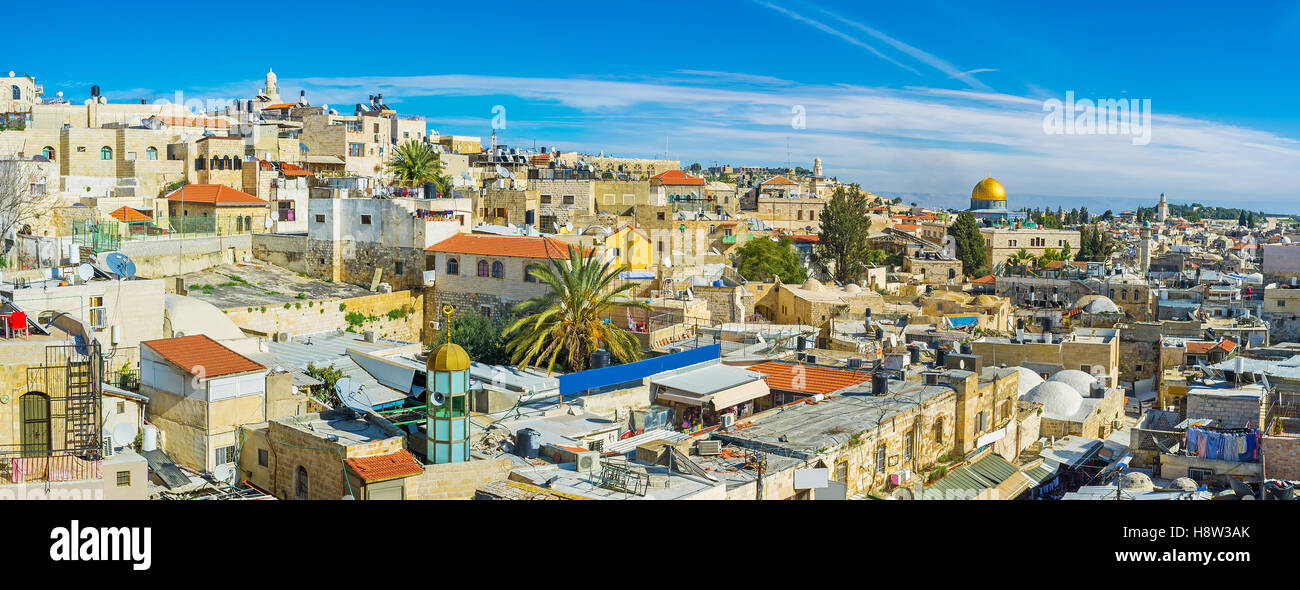 The roofs of the market at Damascus Gate and the golden cupola of the ...