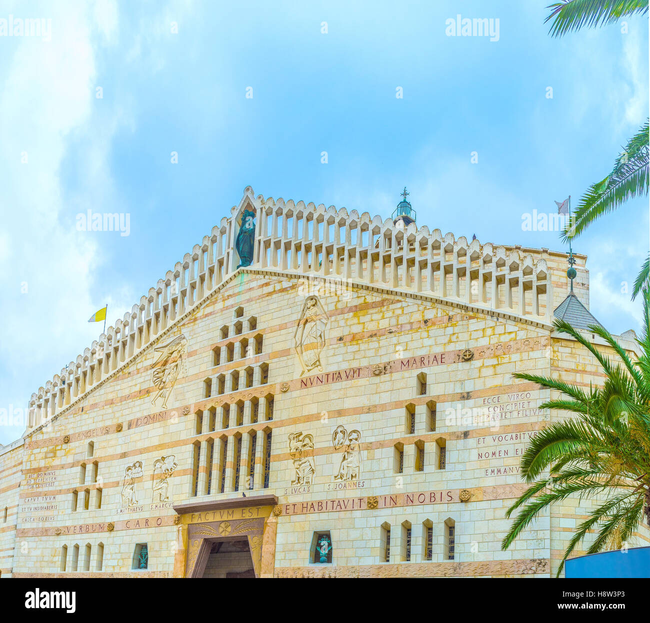 The beautiful facade of the Basilica of Annunciation with stone ...