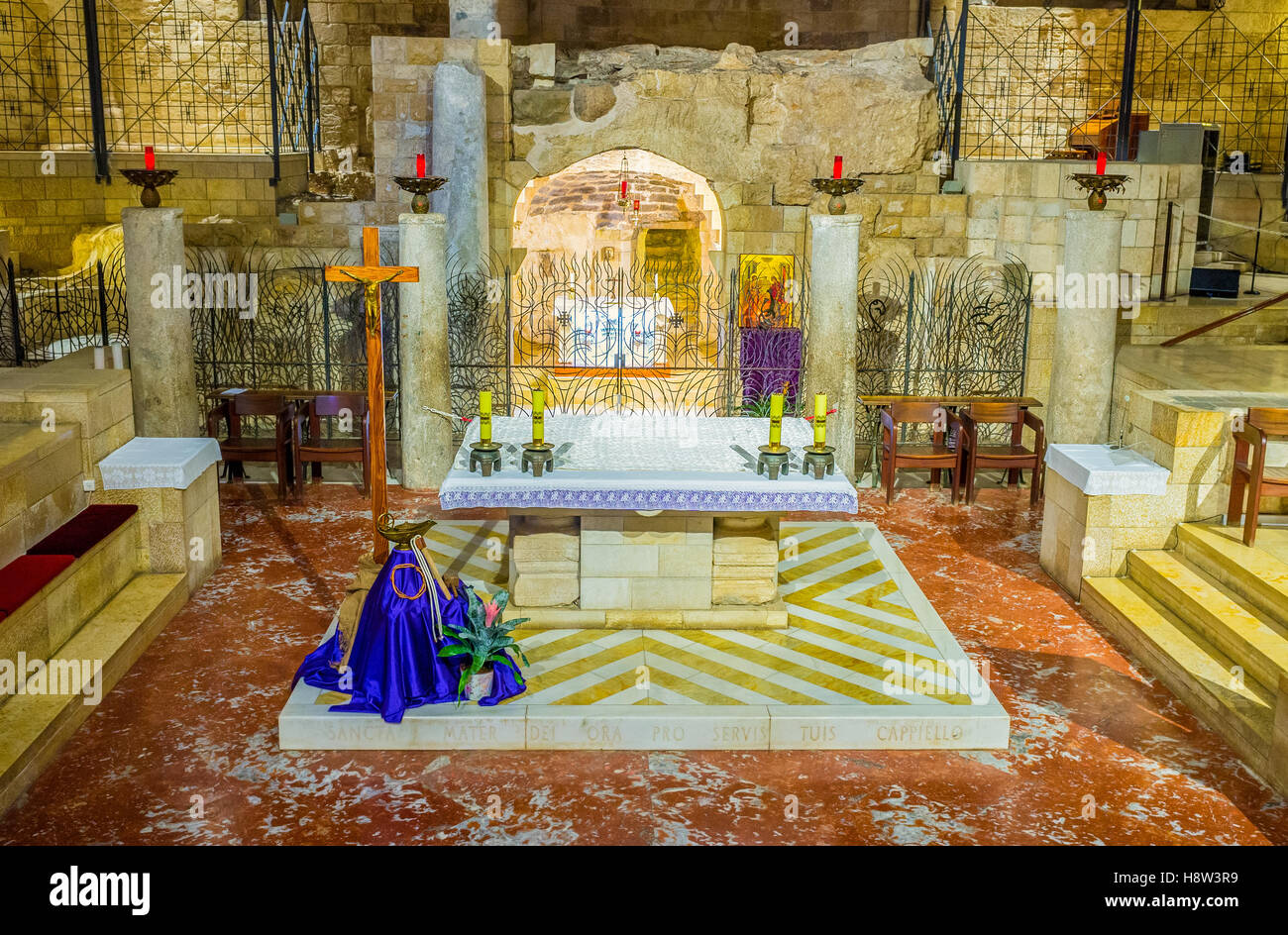 The grotto of the Annunciation with altar in the lower level of the ...