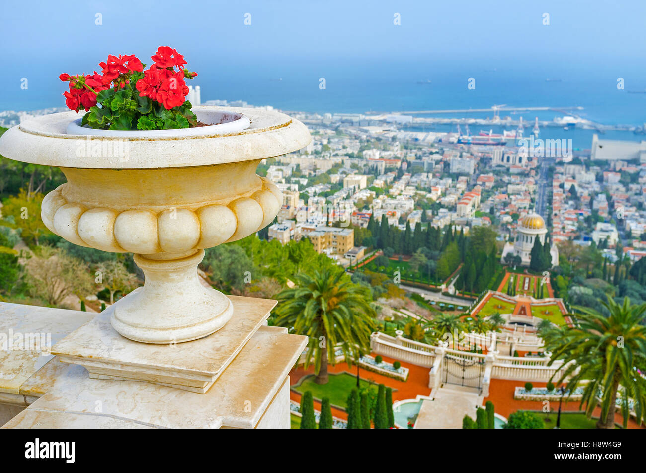 The cityscape of Haifa from the Carmel Mount with the ornamental Bahai ...