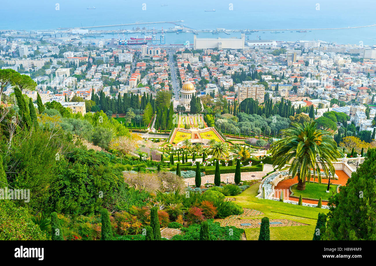 The view of Haifa city and Bahai Gardens and Temple from the top of ...