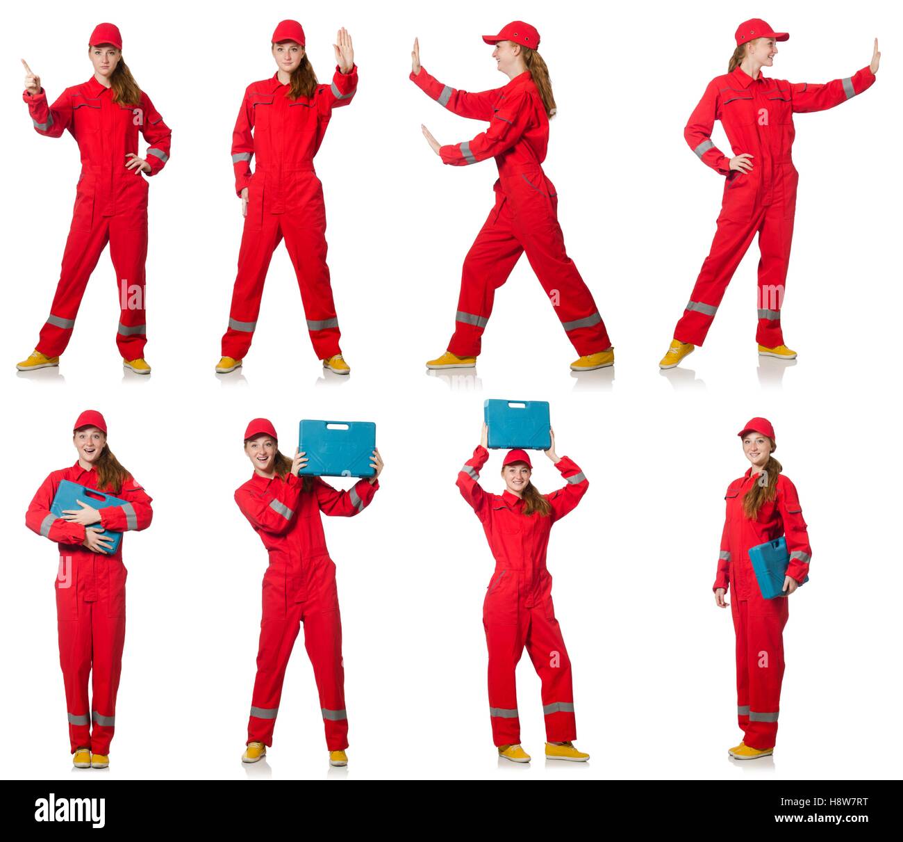 Woman in red overalls isolated on white Stock Photo - Alamy