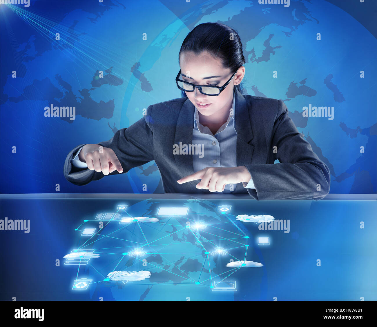 Woman in computing concept pressing buttons Stock Photo - Alamy