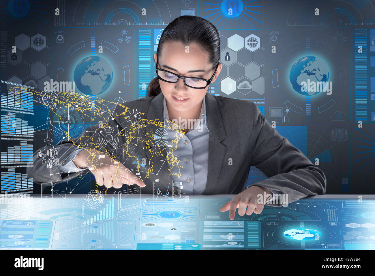 Futuristic media sharing concept with woman Stock Photo - Alamy