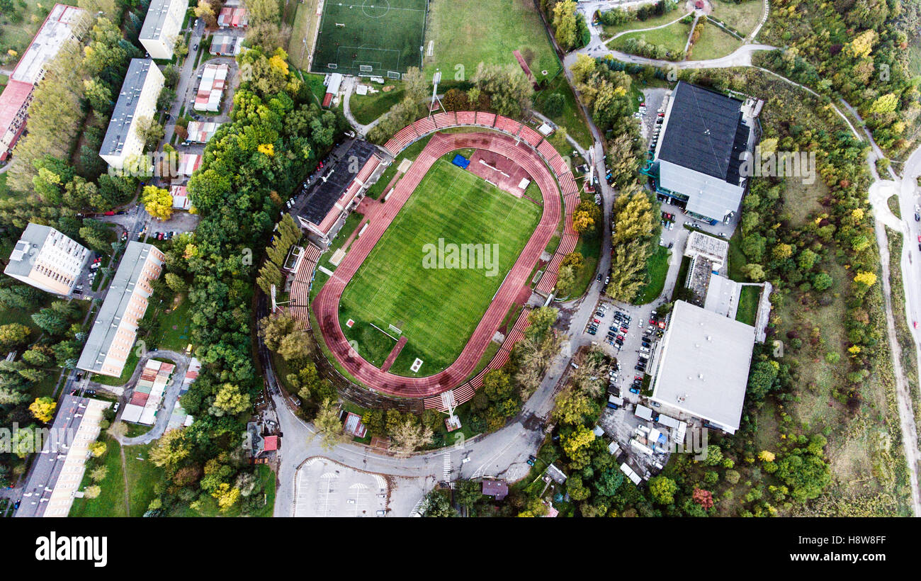 Aerial view of football stadium in town, Banska Bystrica, Slovak Stock ...