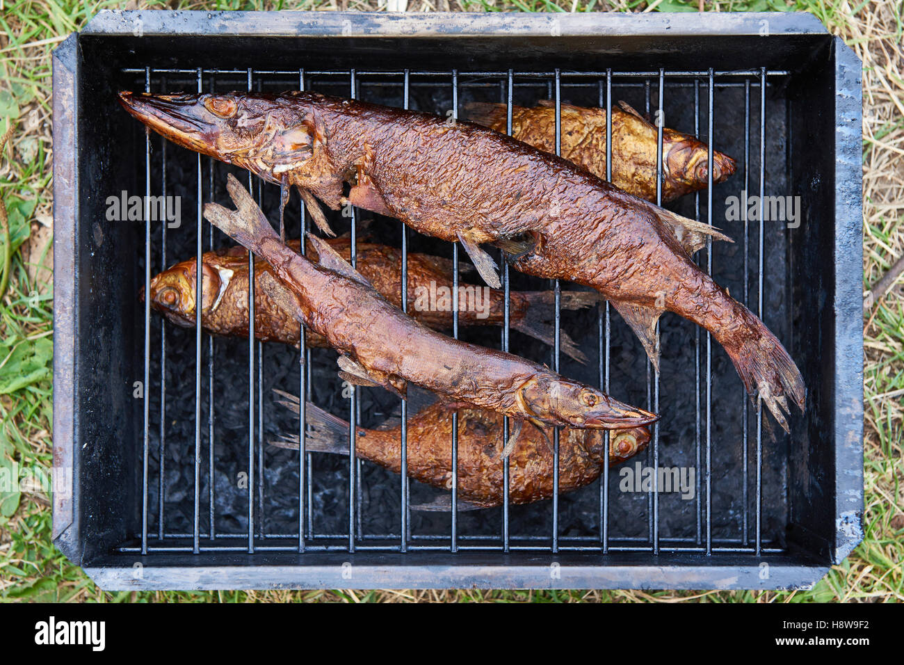 Smoked fish pike and roach in smokehouse Stock Photo - Alamy