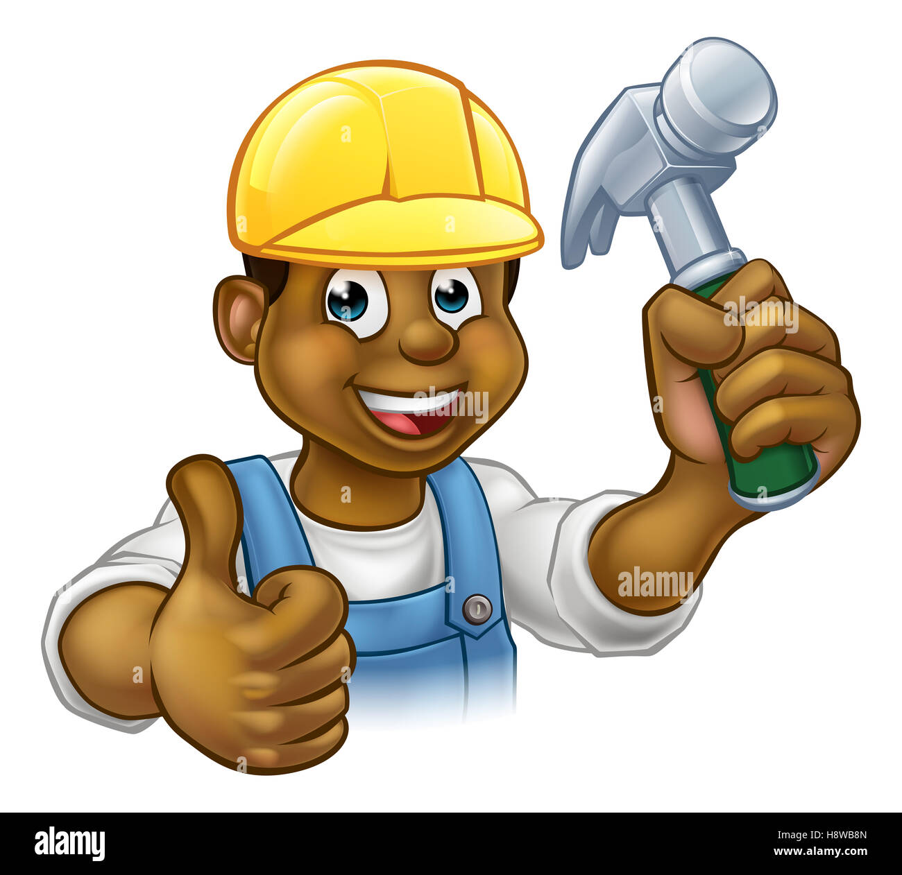 A black handyman carpenter cartoon character in a hard hat holding a ...
