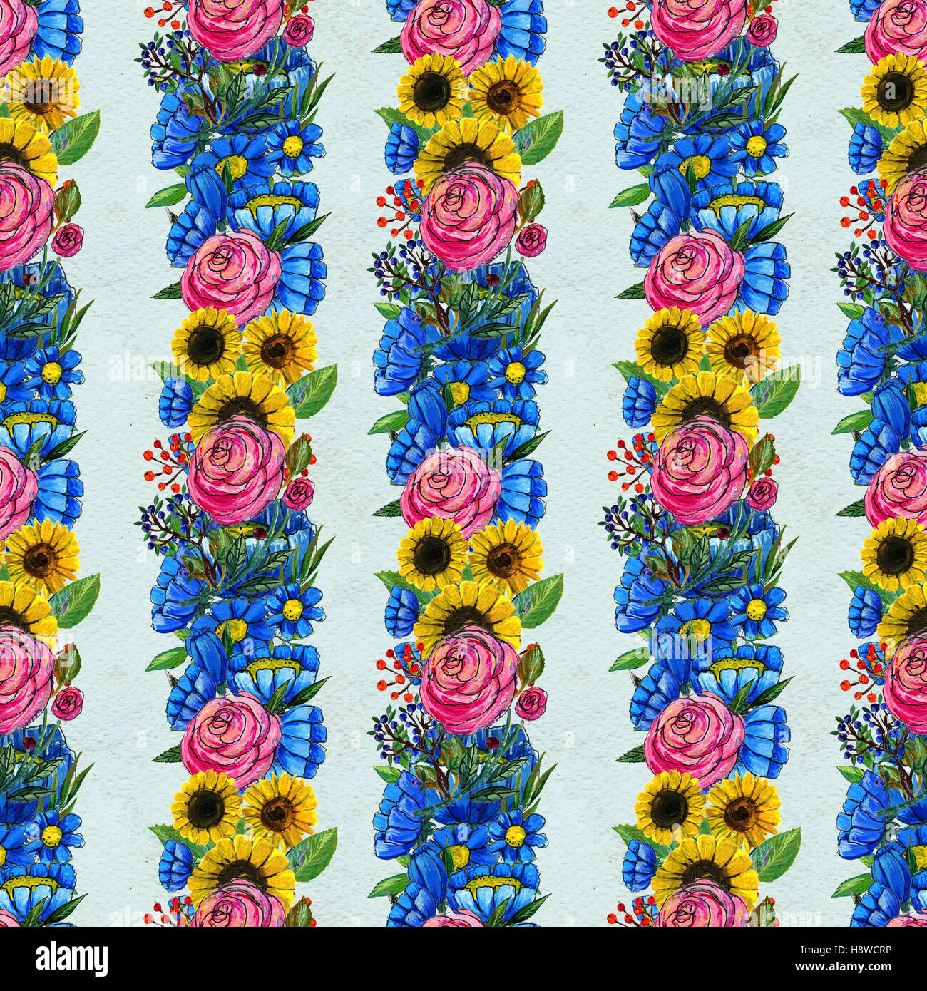 Seamless pattern with blue yellow and pink flowers Stock Photo - Alamy