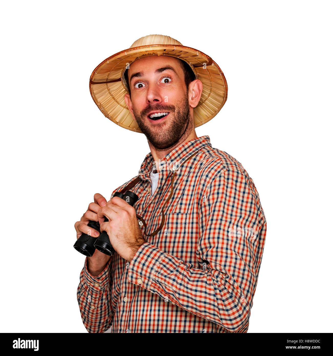 Man with binoculars, travel wow sign isolated over white background ...