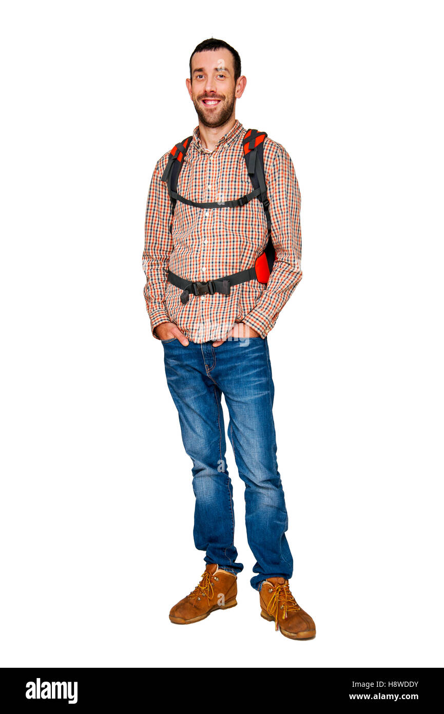 Backpacker man isolated over white background Stock Photo - Alamy