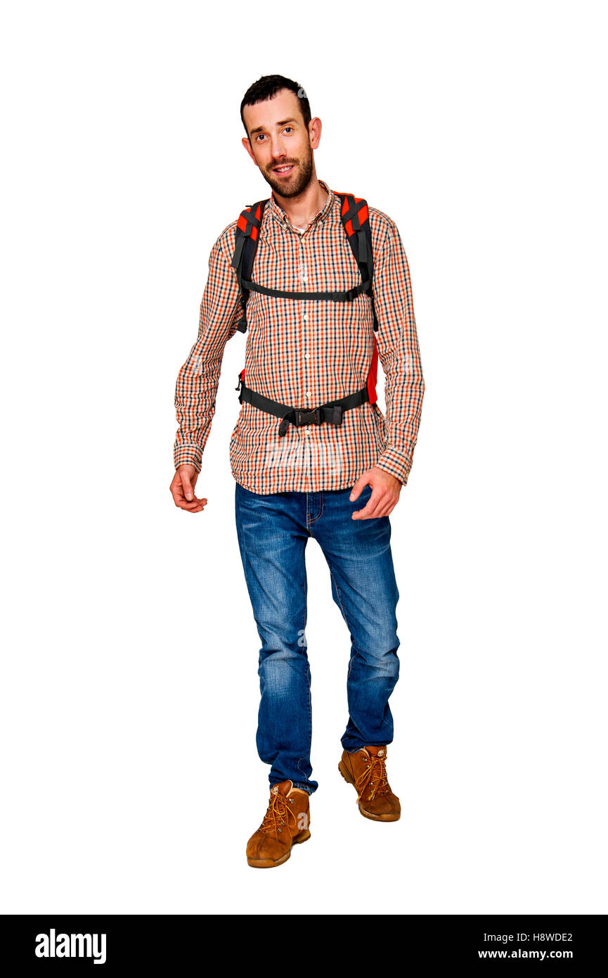 Backpacker man isolated over white background Stock Photo - Alamy