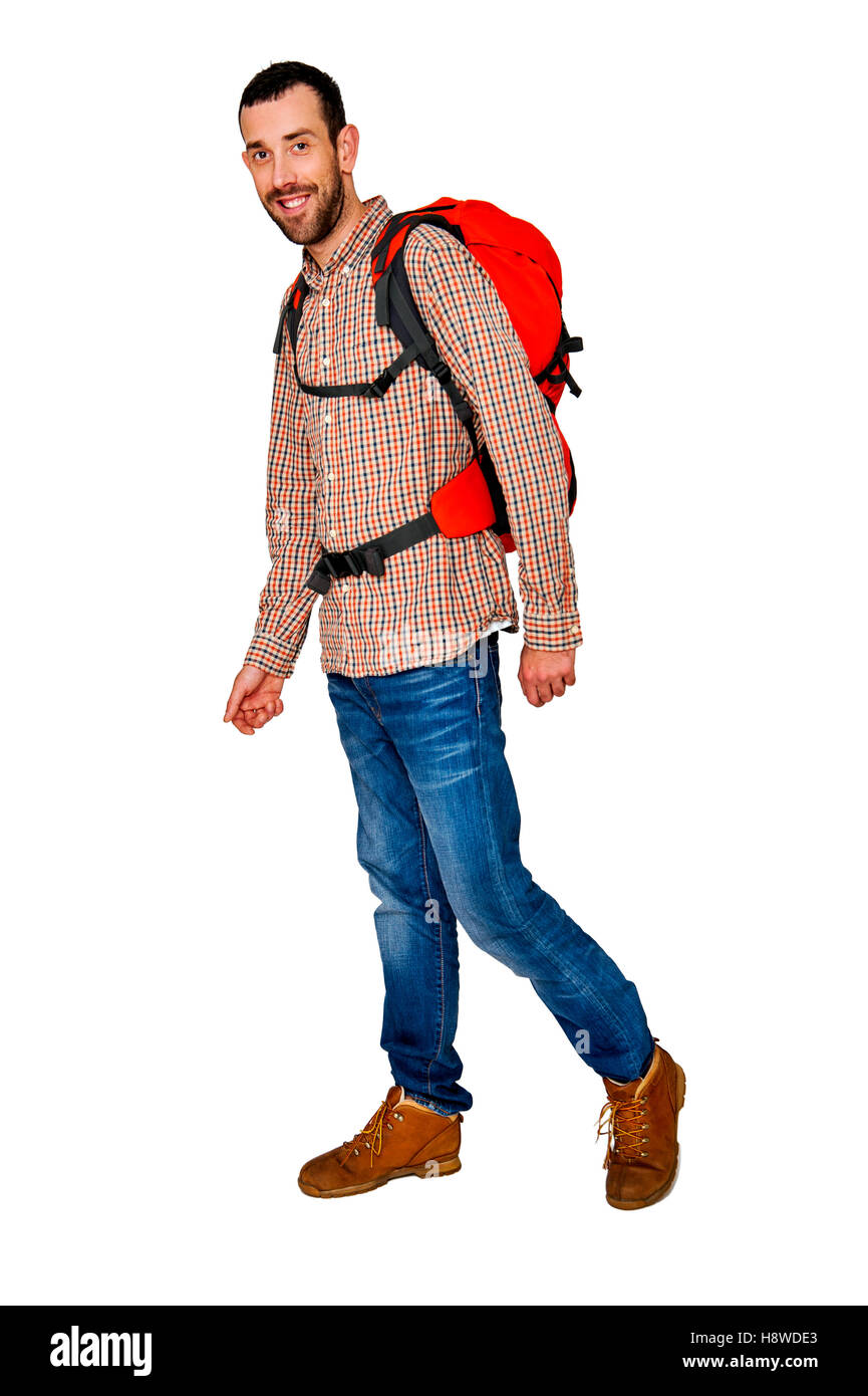 Backpacker man isolated over white background Stock Photo - Alamy