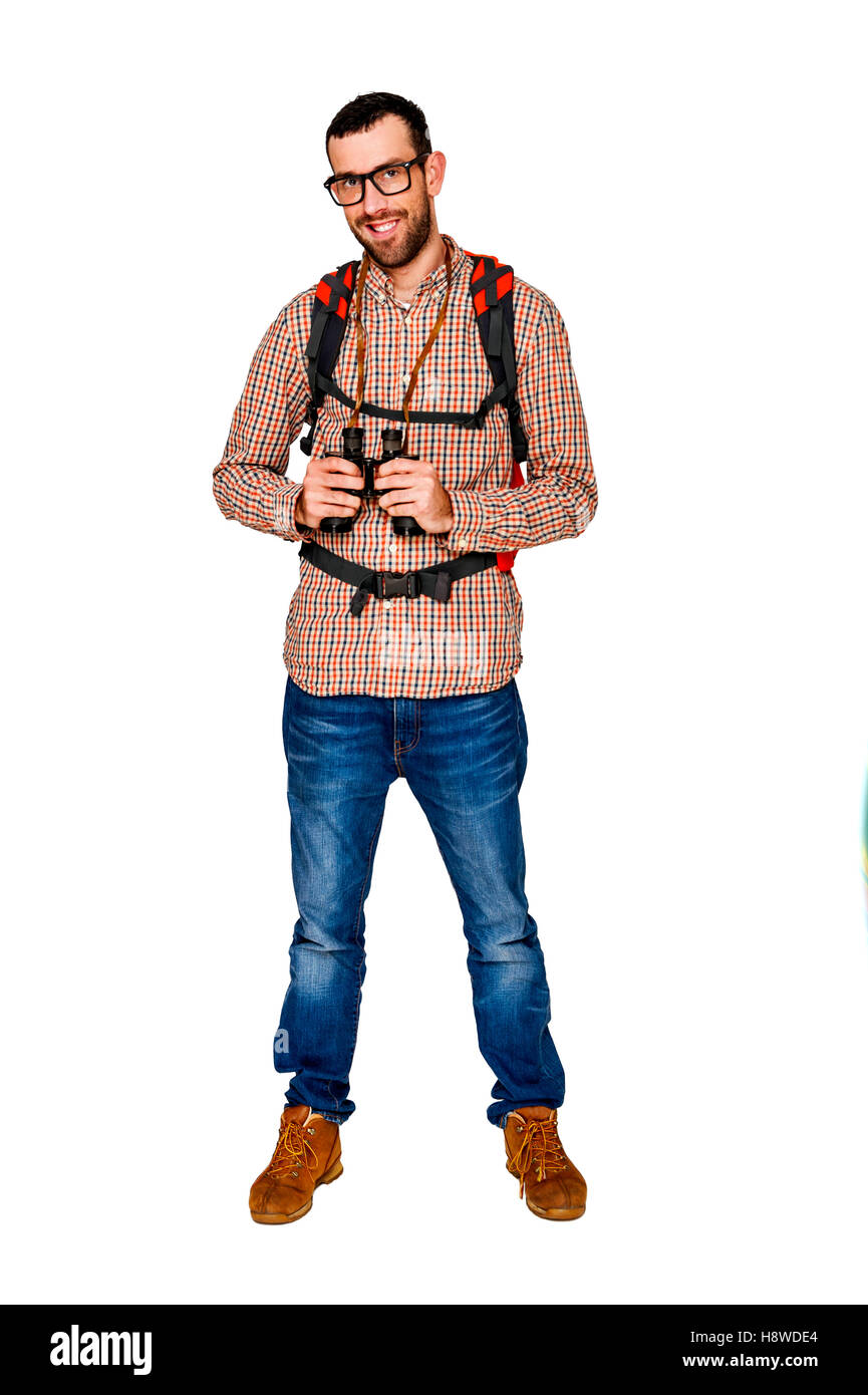 Backpacker man isolated over white background Stock Photo - Alamy
