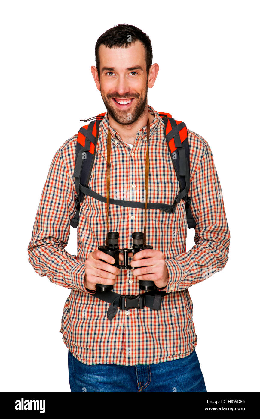 Backpacker man isolated over white background Stock Photo - Alamy