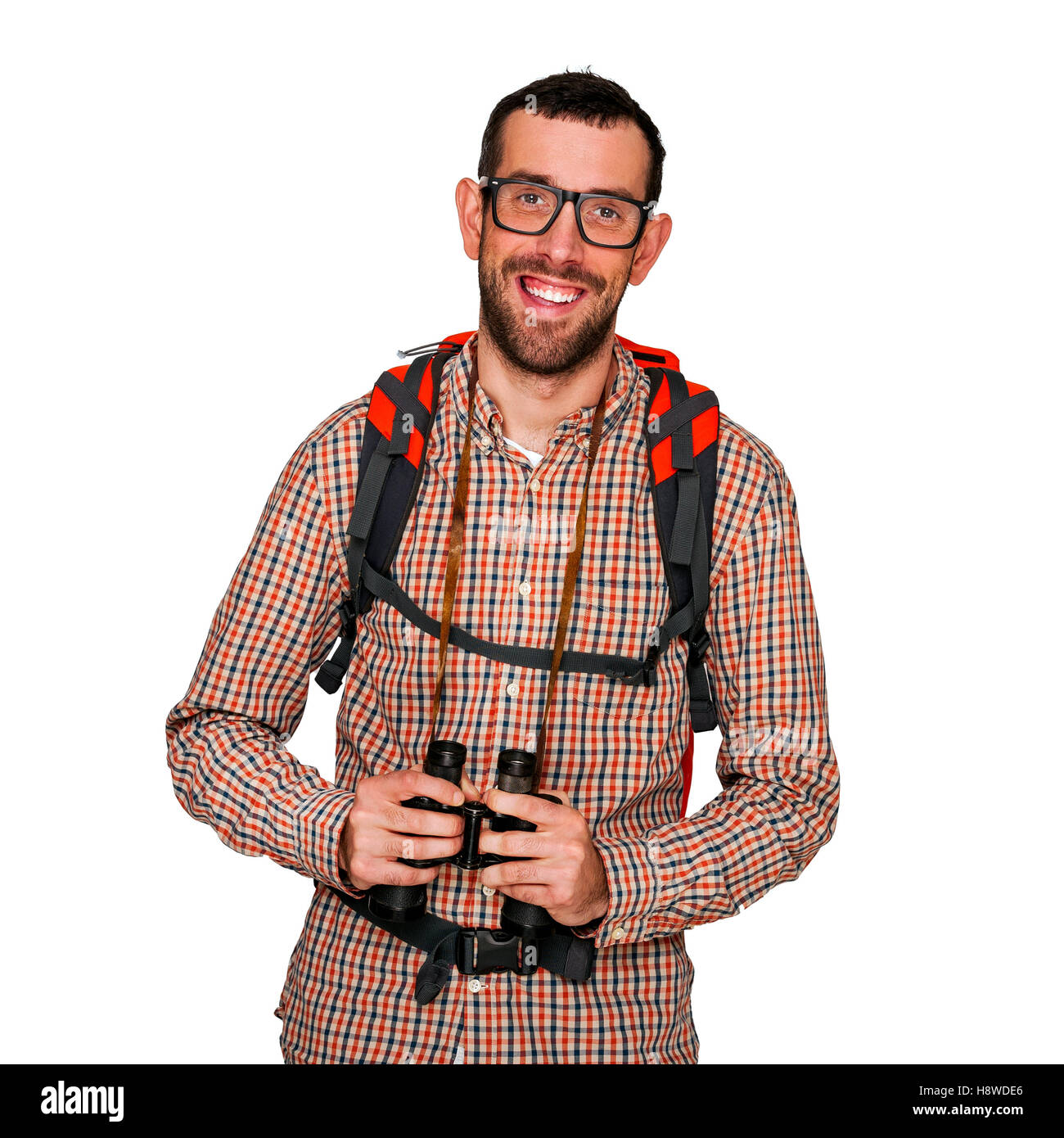Backpacker man isolated over white background Stock Photo - Alamy