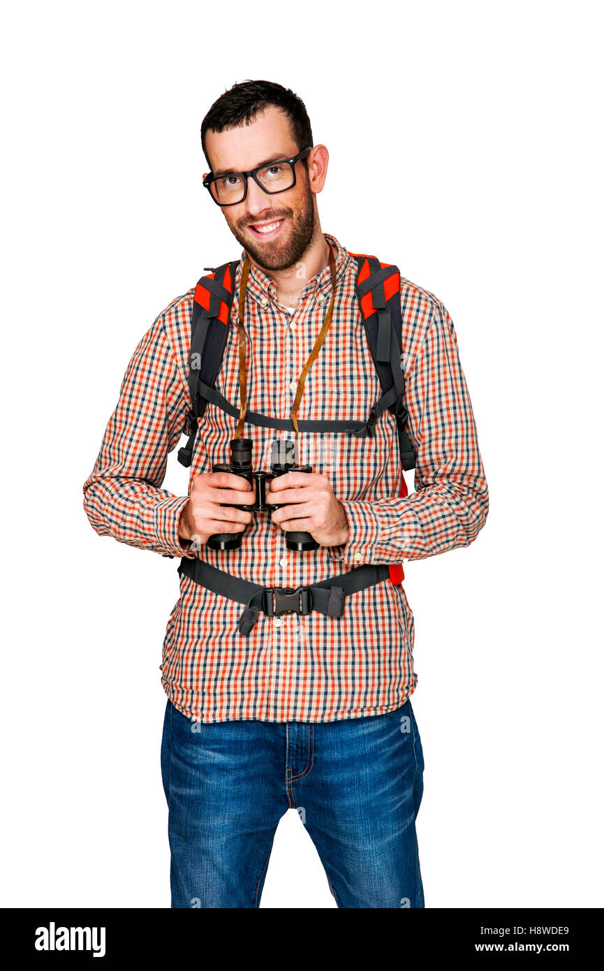 Backpacker man isolated over white background Stock Photo - Alamy