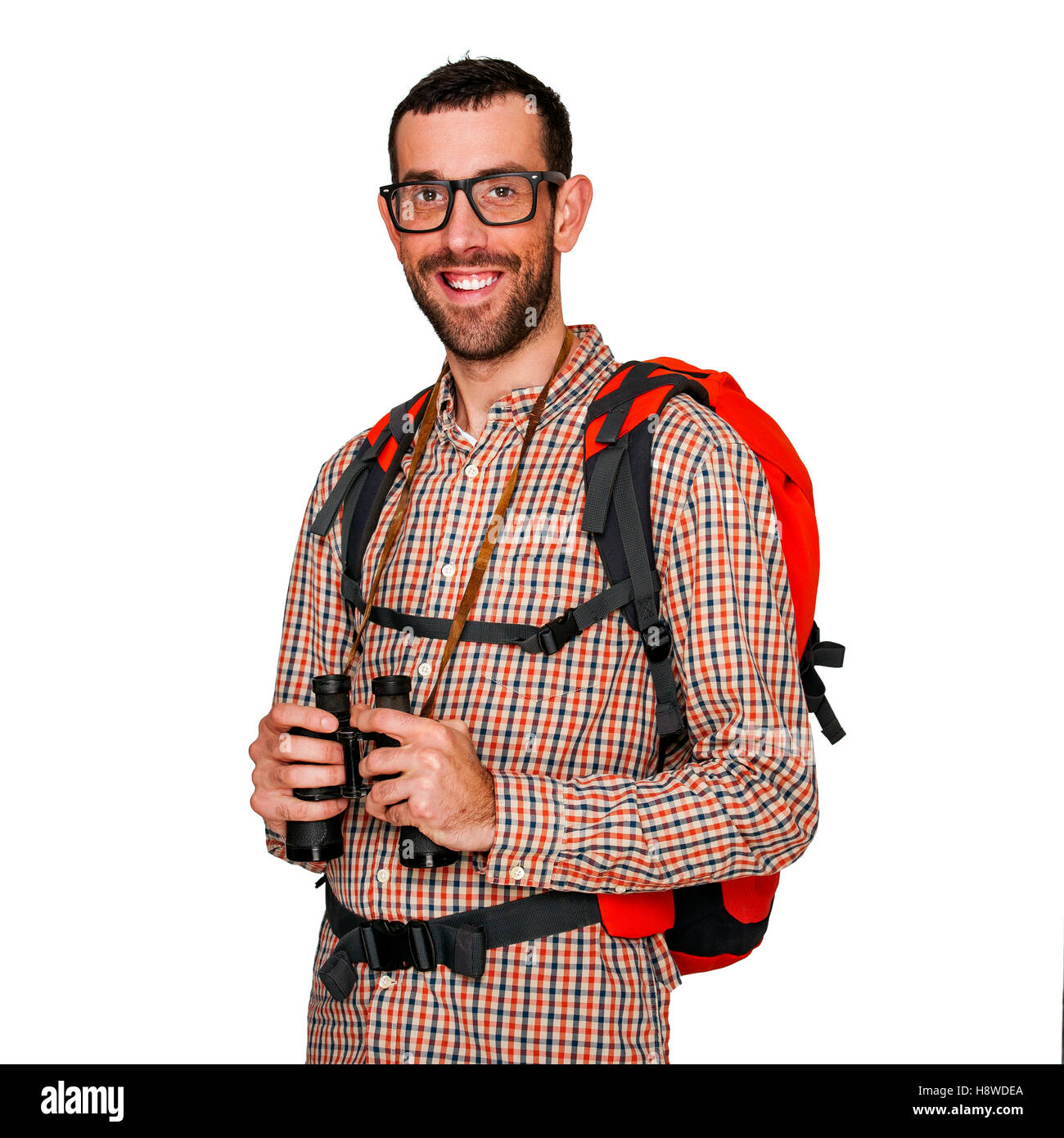 Backpacker man isolated over white background Stock Photo - Alamy