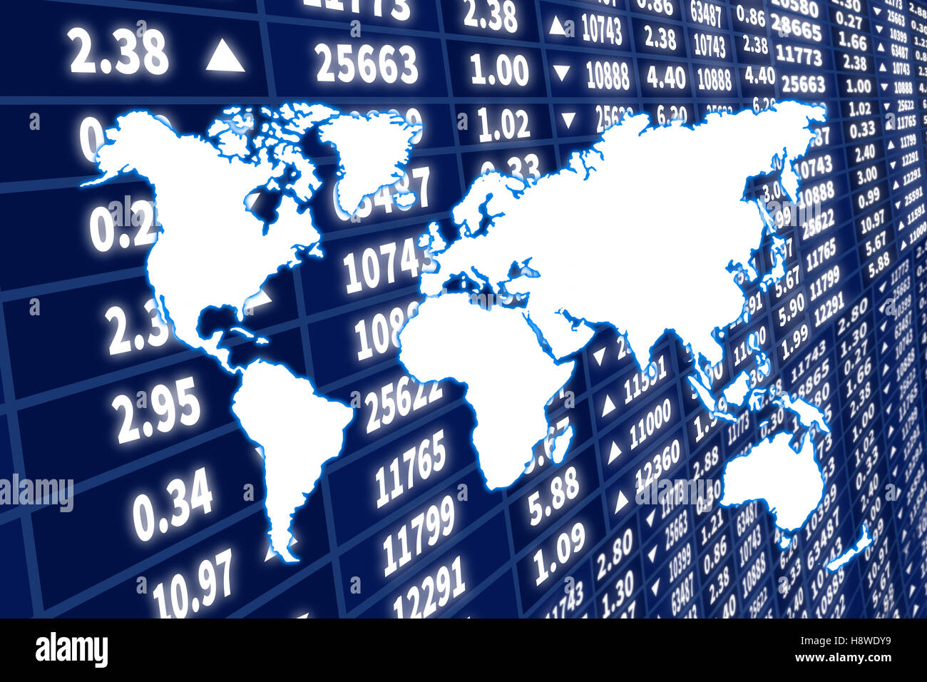 Abstract illustration of world map over stock market dynamic screen ...