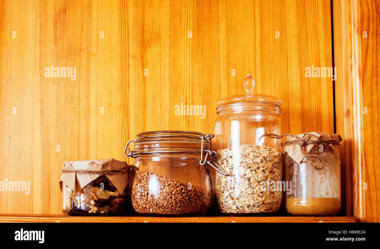 real comfort wooden kitchen with breakfast ingredients close up Stock ...