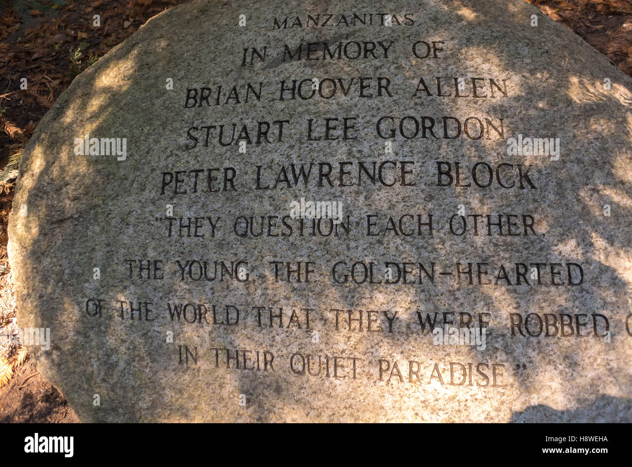 San Francisco, CA, USA, detail, names of dead on stone in Golden Gate ...