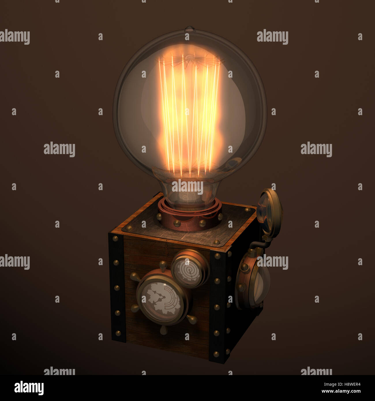 Rendered steampunk style Edison lamp with lens Stock Photo - Alamy