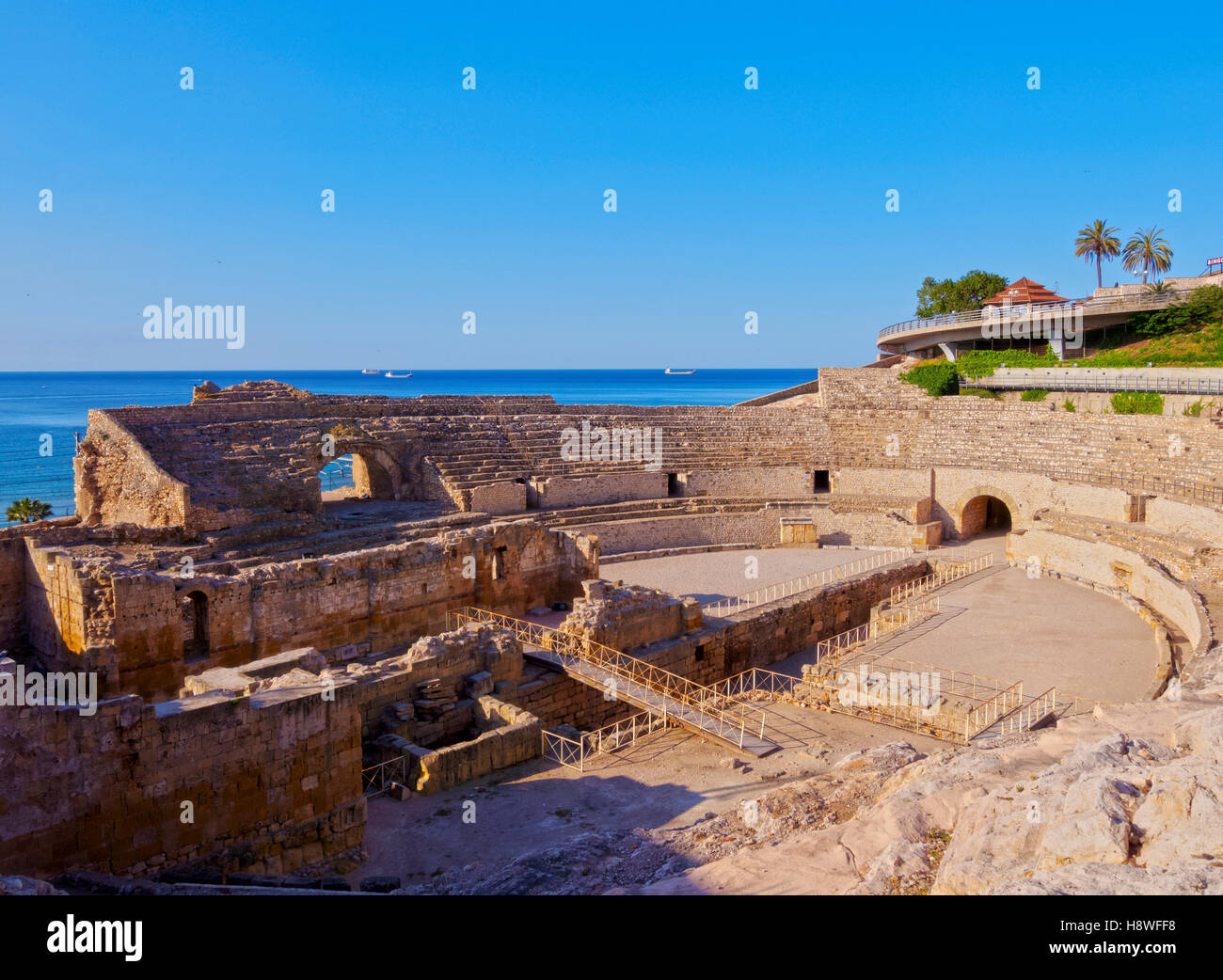 Spain, Catalonia, Tarragona, View of the Tarragona Amphitheatre from ...
