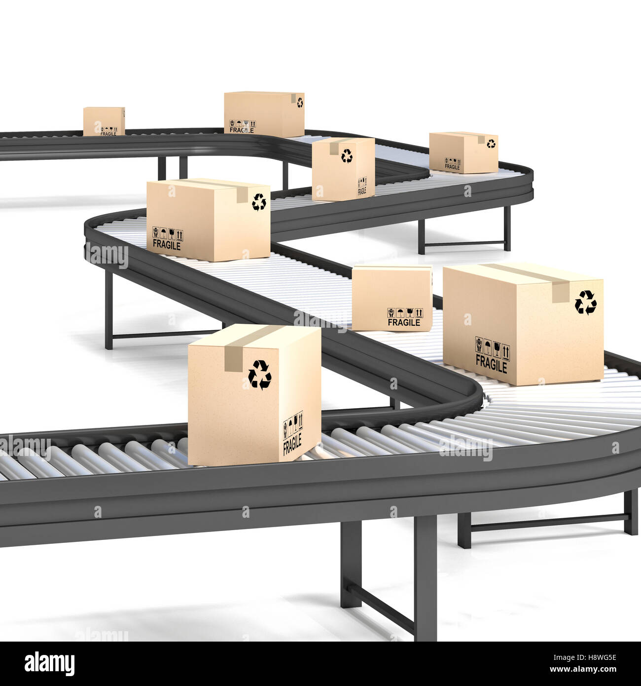 conveyor belt line with boxes 3d rendering Stock Photo - Alamy