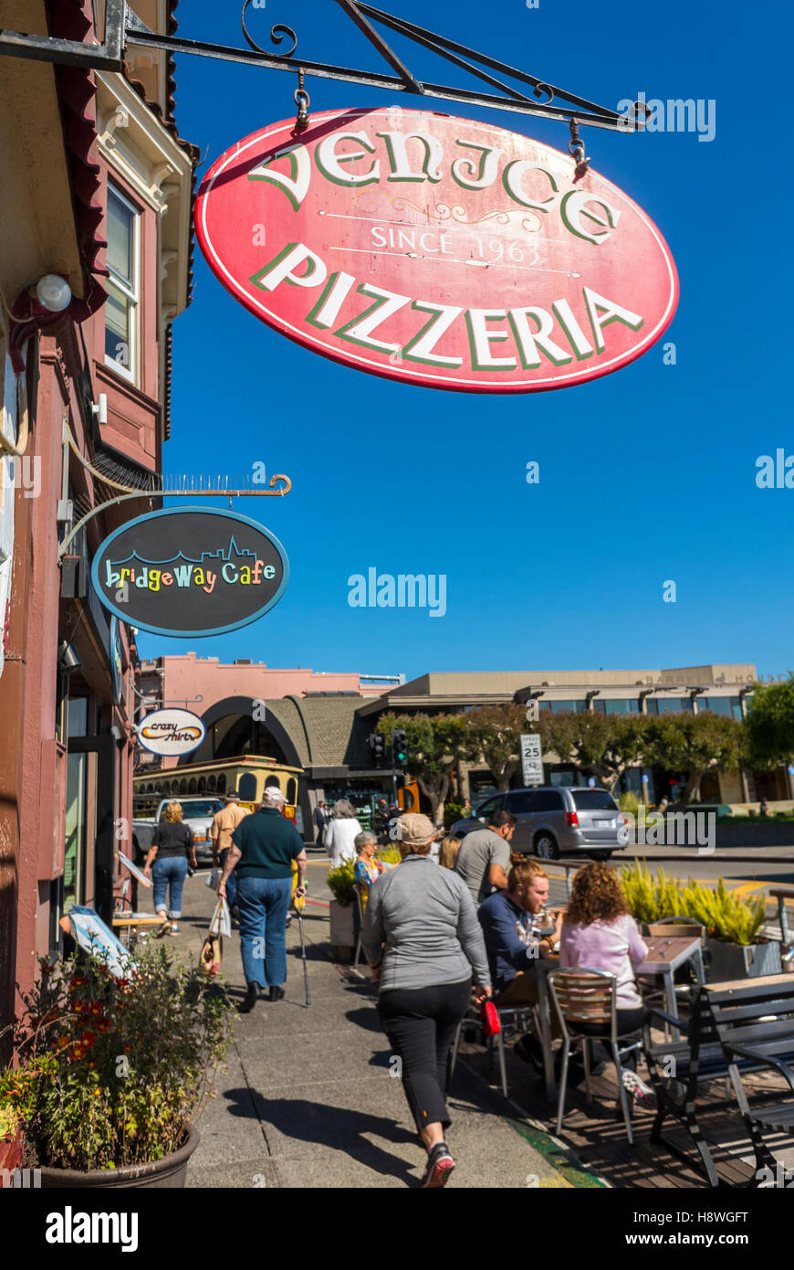 Sausalito, CA, USA, Street Scene, Pizzeria Restaurant, Sign, Tourists ...