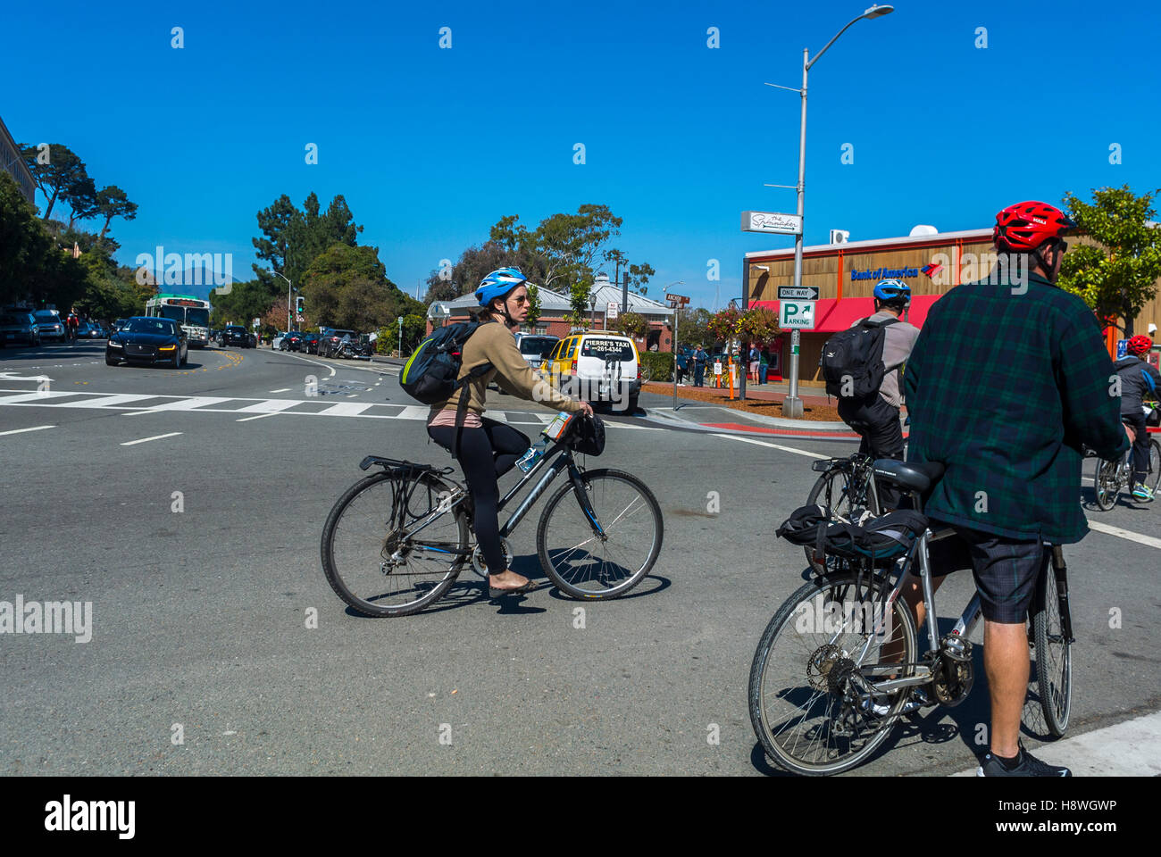 Sausalito, CA, USA, Group People, Tourists Visiting CIty, Bicycling ...