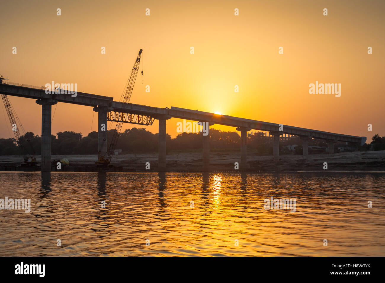 Bridge under construction over the River Ganges, near Varanasi, India ...