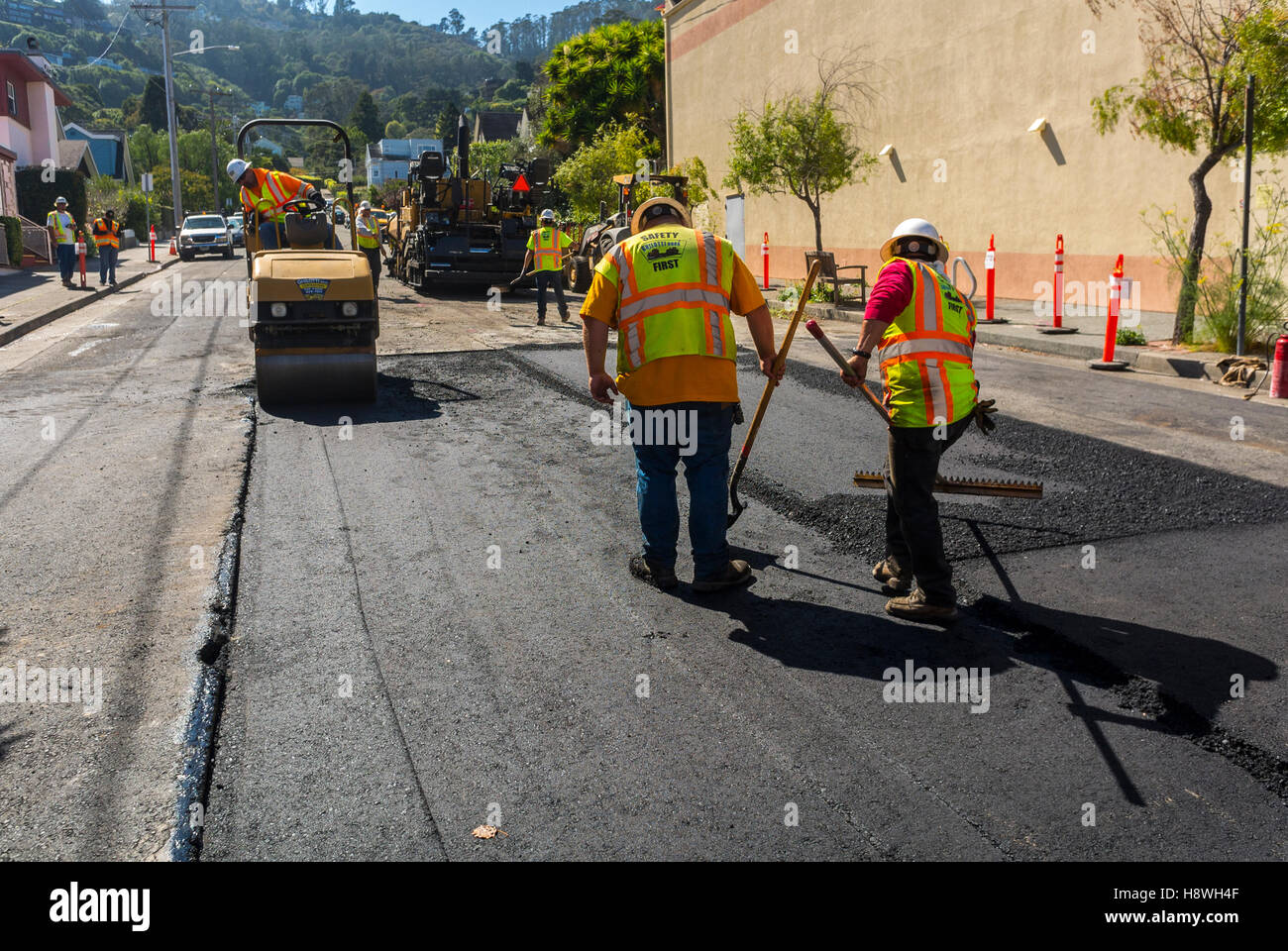 Sausalito, CA, USA, Group of Street Construction Workers Paving Street ...